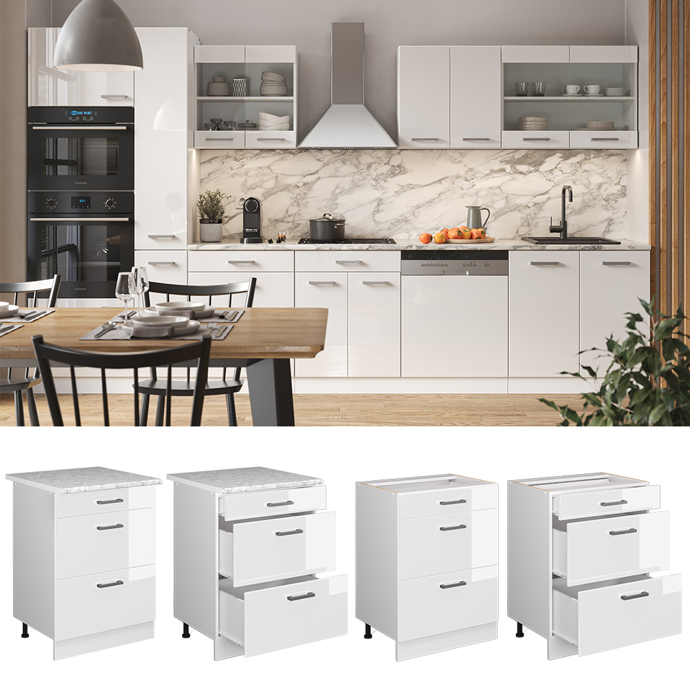 Vicco Kitchen base cabinet White High Gloss 60 cm with drawers, WT ...
