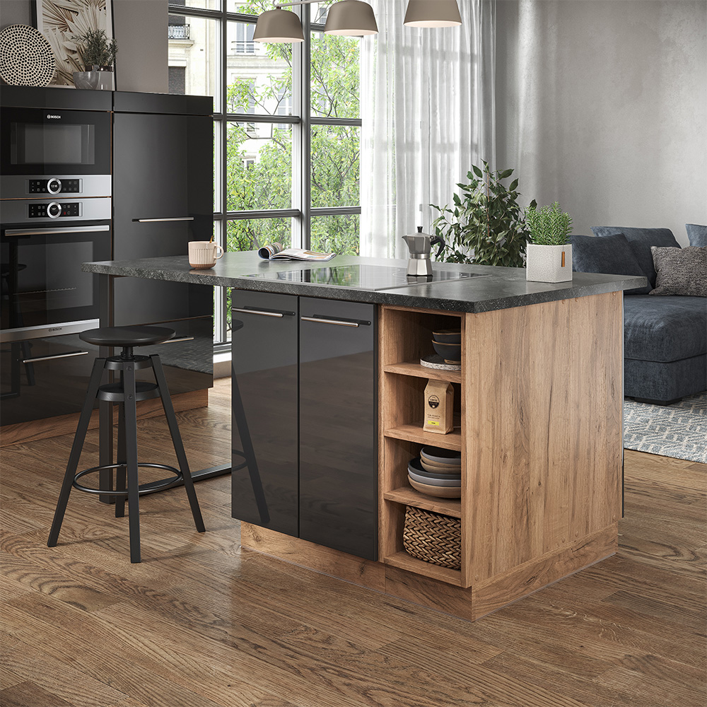 livinity® Kitchen island Anthracite high gloss/gold power oak 90 cm ...
