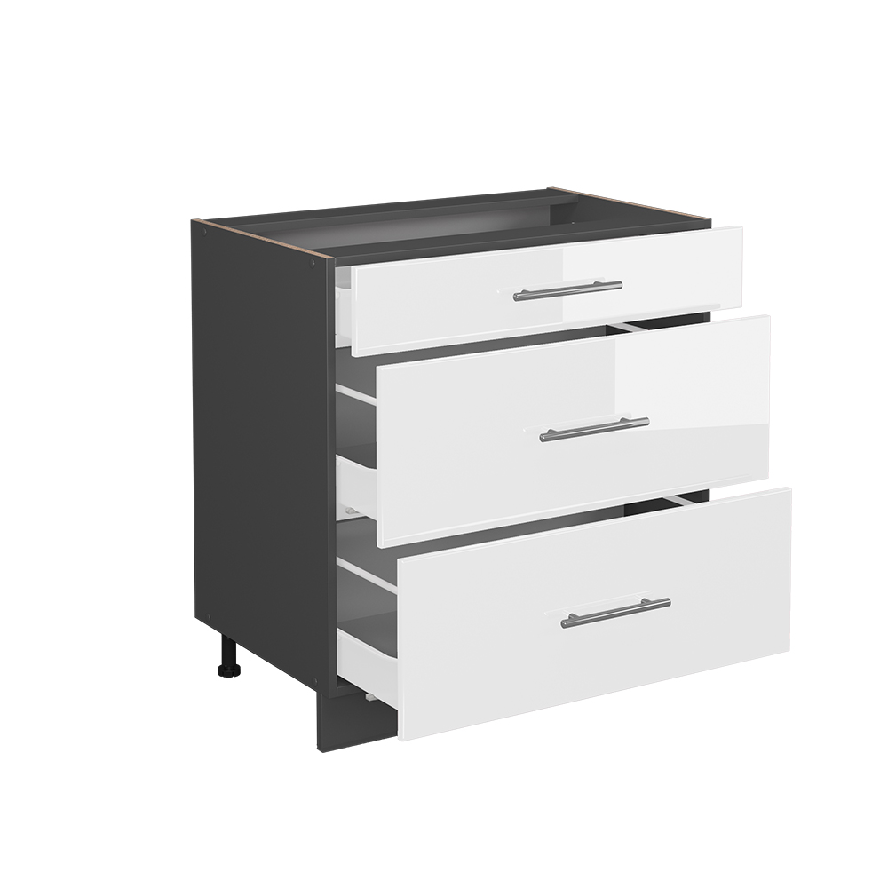 Vicco Kitchen base cabinet White High Gloss 80 cm with 3 drawers ...
