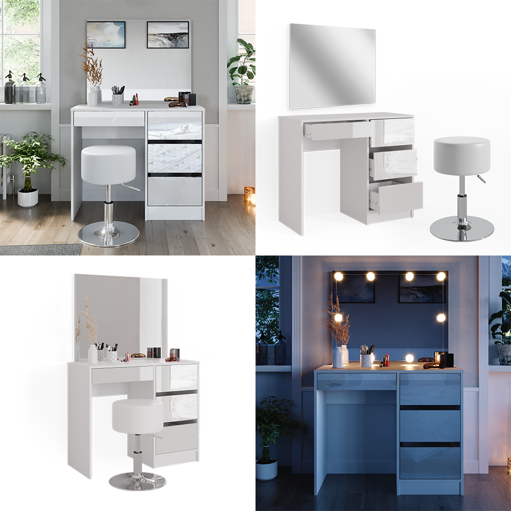coiffeuse "Sherry", Blanc Haute brillance, 90 cm avec tabouret, Vicco ...
