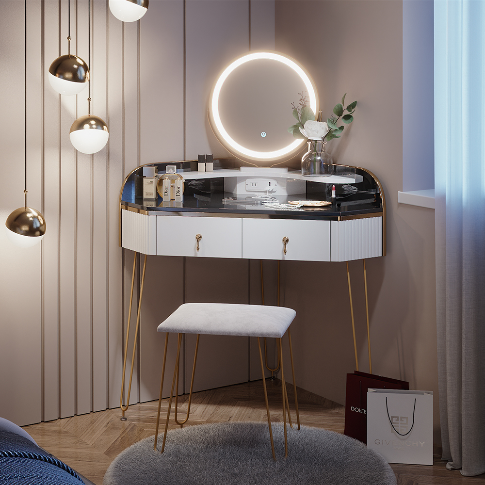 Coiffeuse d'angle "Amira" blanc avec miroir LED, tabouret et prise USB ...