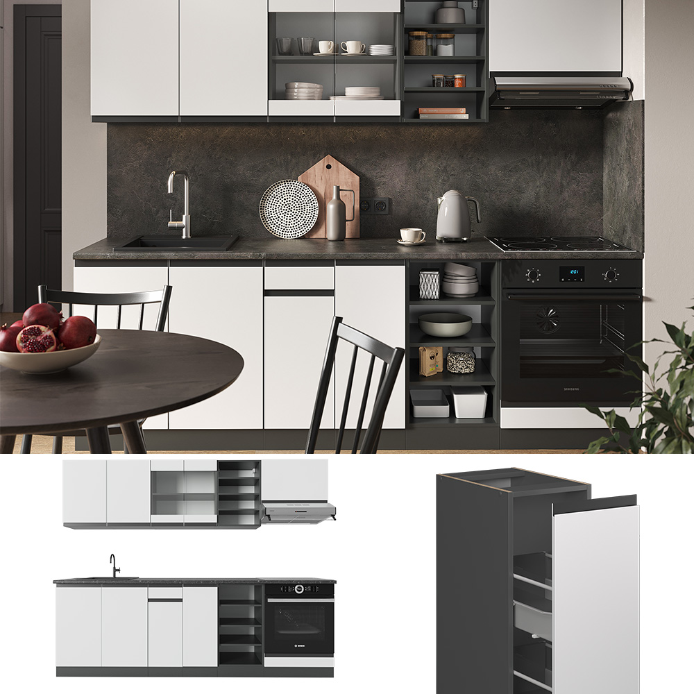Vicco Køkkenrække Hvid/antracit 240 cm , BP Antracit, R-Line | Hvid ...