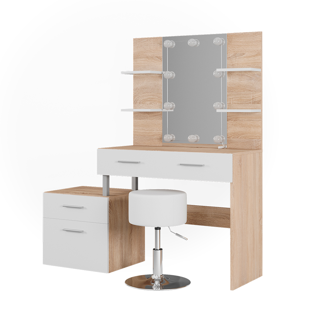 Vicco Coiffeuse Blanc/Sonoma 132cm avec éclairage LED et tabouret ...