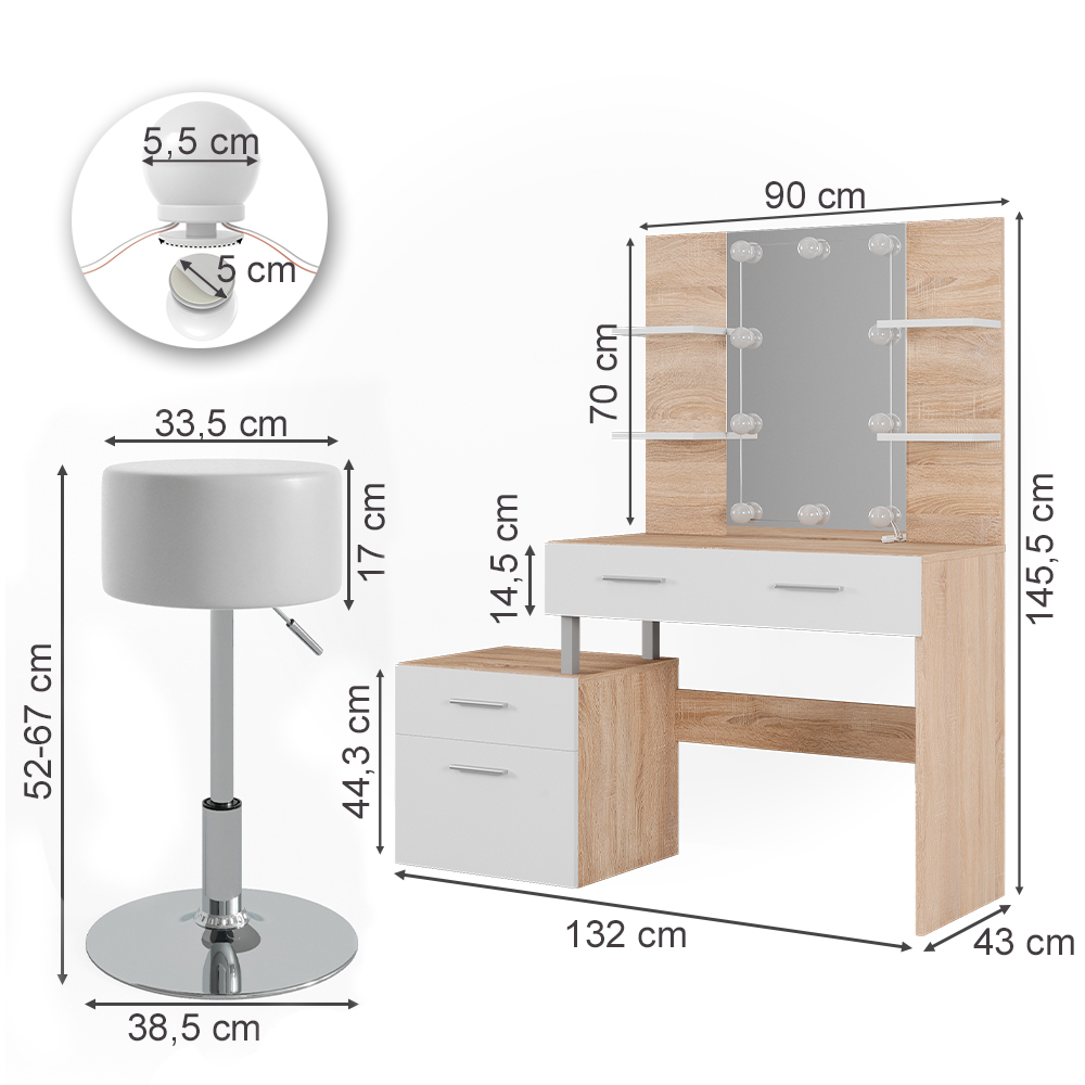 Vicco Coiffeuse Blanc/Sonoma 132cm avec éclairage LED et tabouret ...