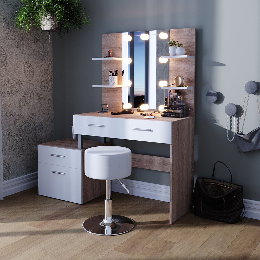 Vicco Coiffeuse Blanc/Sonoma 132cm avec éclairage LED et tabouret ...