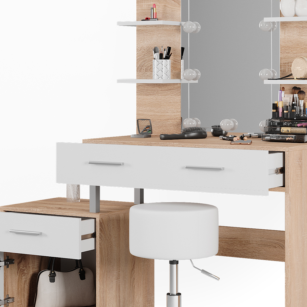 Vicco Coiffeuse Blanc/Sonoma 132cm avec éclairage LED et tabouret ...