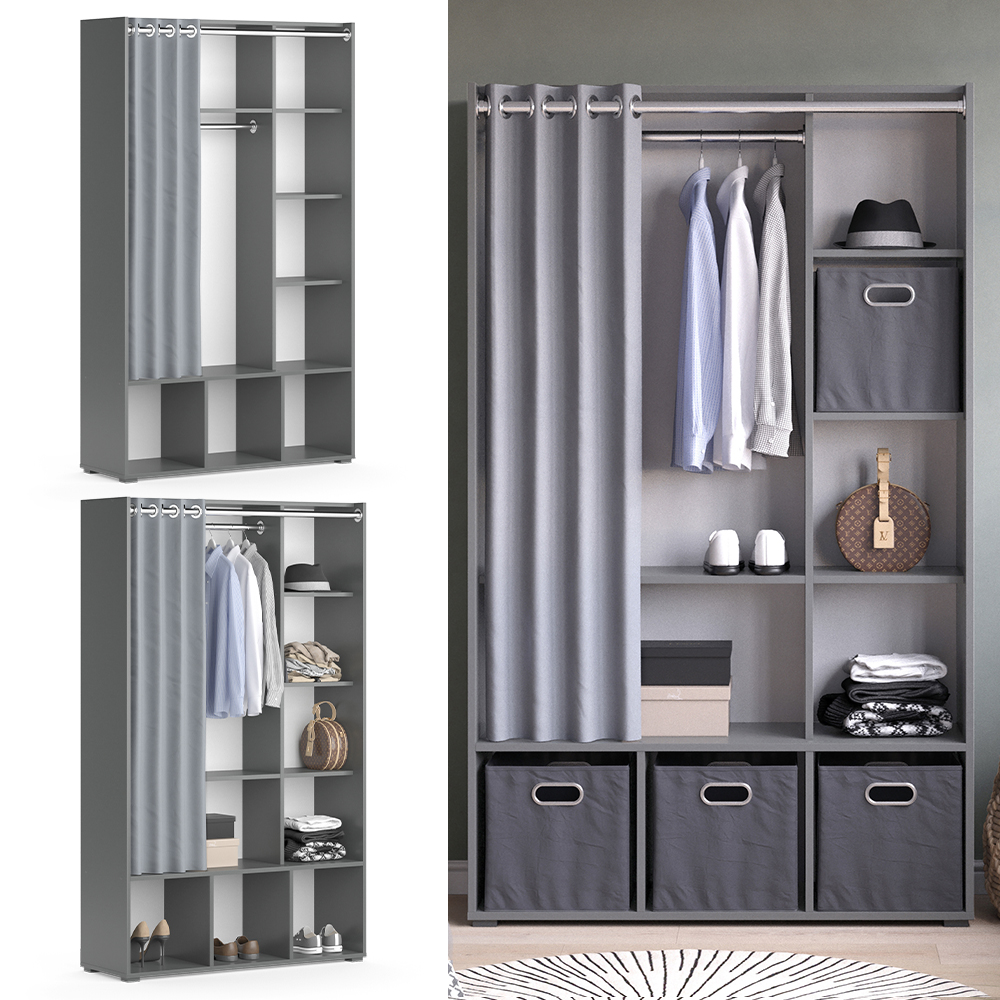 Vicco Wardrobe Grey 105.8 x 178.1 cm with curtain clothes rail, Luigi ...