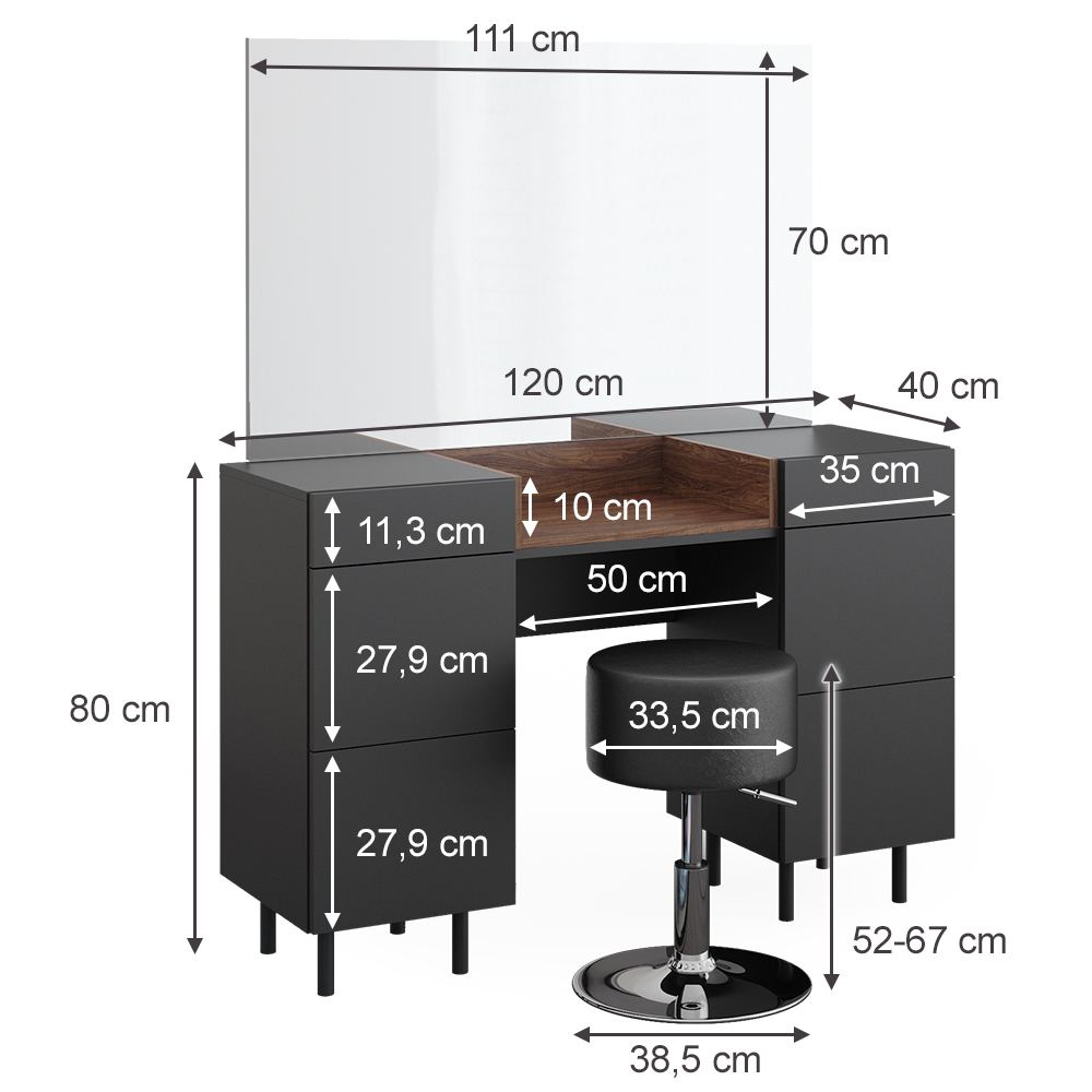 Vicco Vanity table Anthracite 120 cm with stool, Anika | mit Spiegel ...