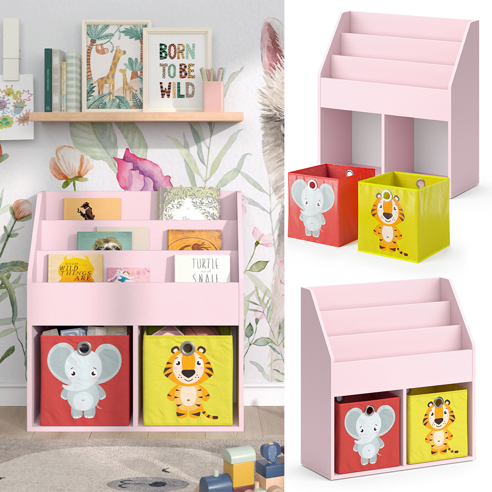 Vicco Kids' shelf Pink 72 x 79 cm with 2 folding boxes (elephant, tiger ...
