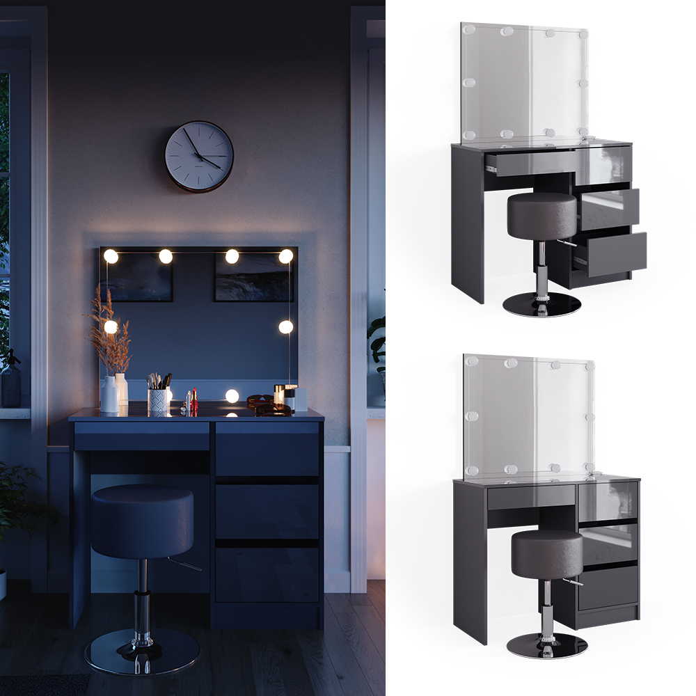 Vicco Vanity table Anthracite 90 cm with LED lighting and stool, Sherry ...