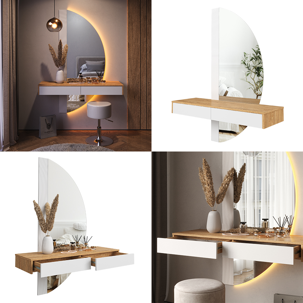 Vicco coiffeuse "Melisa", Chêne/Blanc, 120 cm avec éclairage LED ...