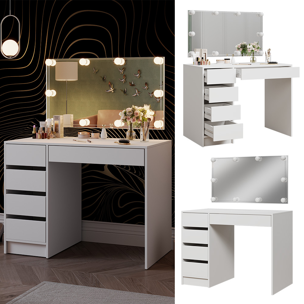 Vicco Coiffeuse "Thalia", Blanc Haute brillance, 100 cm avec éclairage ...