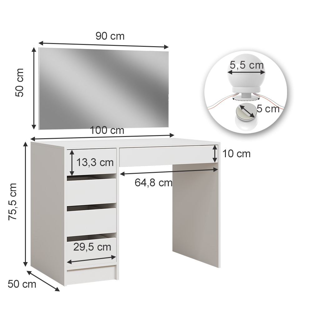Vicco Coiffeuse "Thalia", Blanc Haute brillance, 100 cm avec éclairage ...