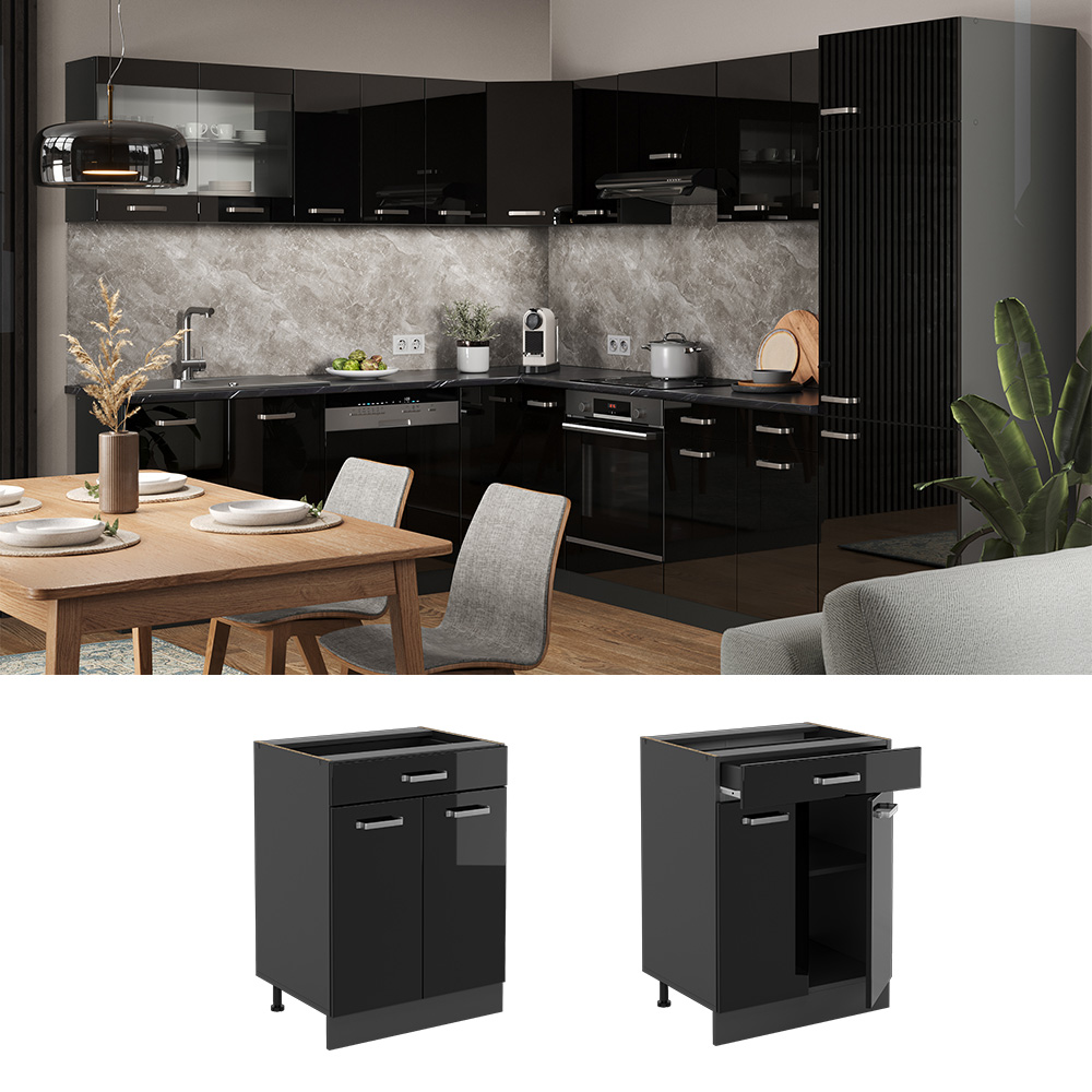 livinity® Kitchen base unit Black high gloss 60 cm , AP Oak, R-Line | 19702