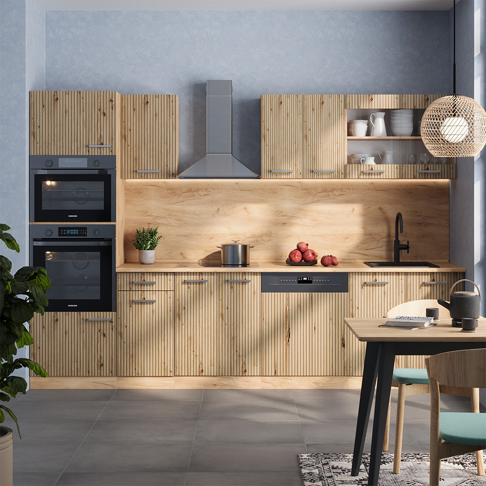 Kitchenette "R-Line", Artisan oak/Goldkraft oak, 300 cm with tall ...