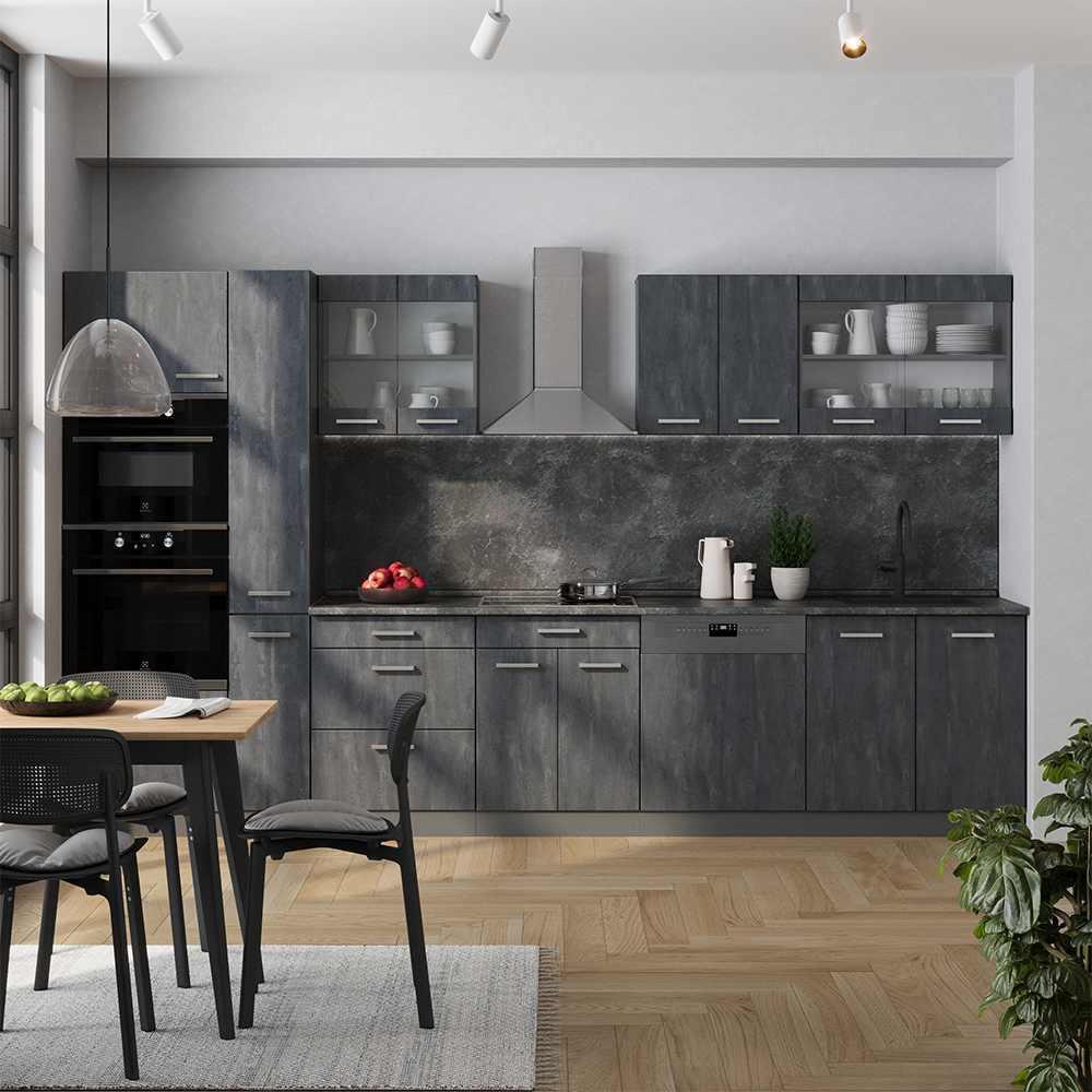 livinity® Complete kitchen Black concrete/anthracite 350 cm , WT Oak, R ...