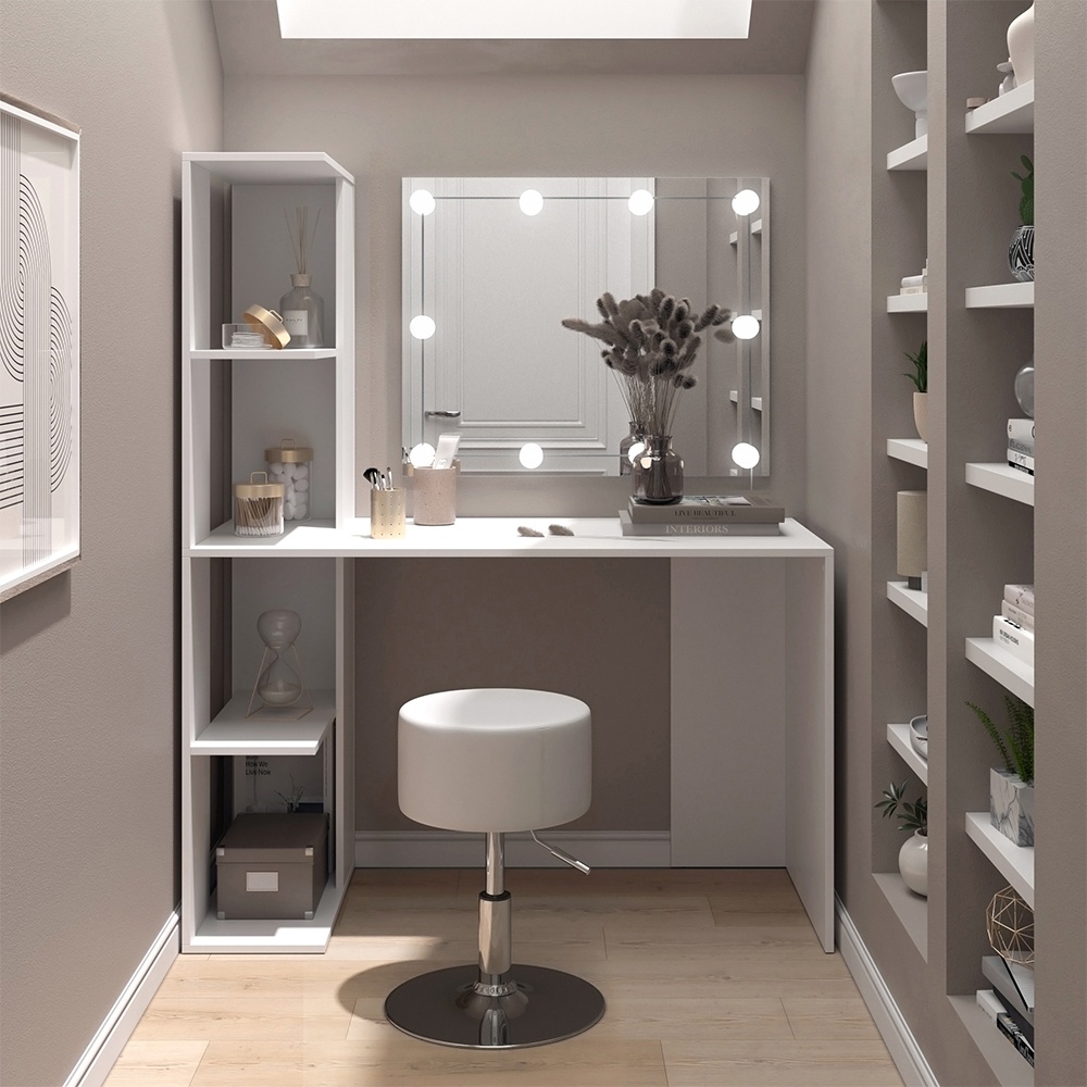 livinity® Dressing table White 122.2 cm with lighting and stool, Tower ...