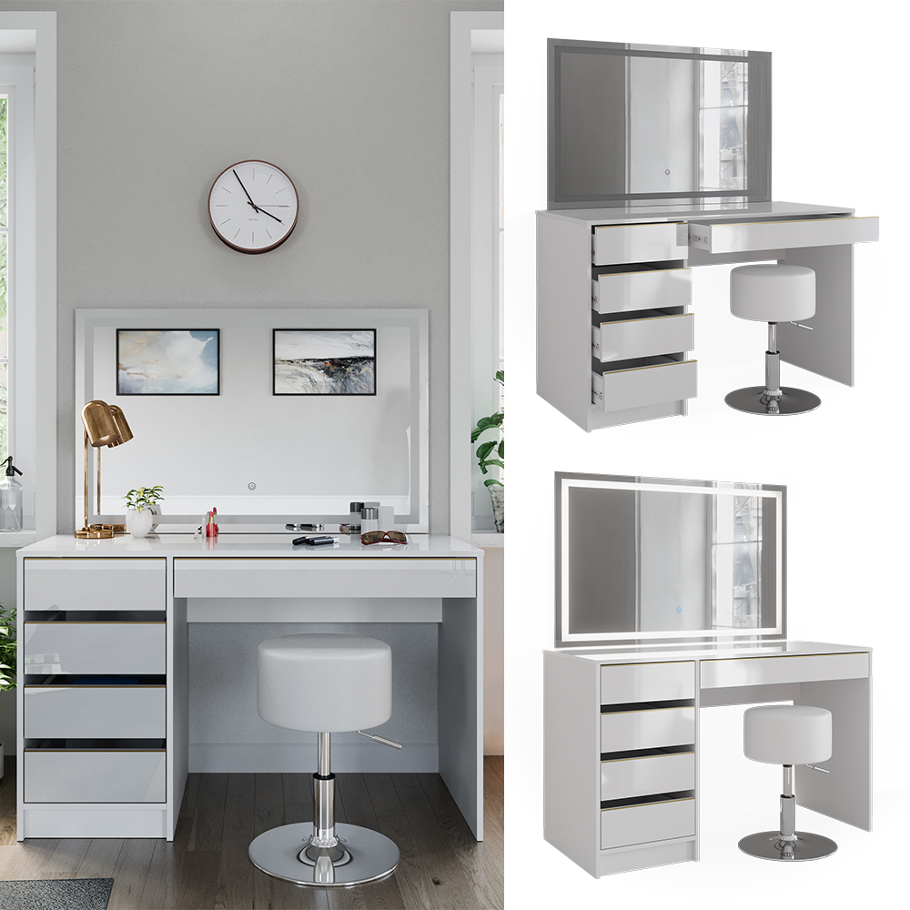 Vicco Vanity table White/Gold 120 cm with LED mirror and stool, Sherry ...