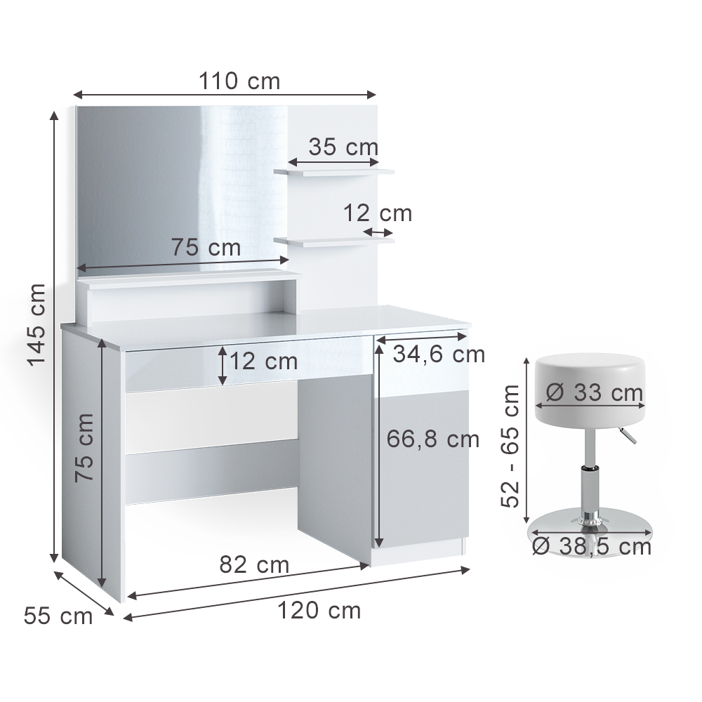 Vicco Coiffeuse "Elisa" blanc/brillant + tabouret